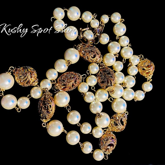 Jewelry | Vintage Glass Pearls W Filigree Beadwork 24l W Extender ...